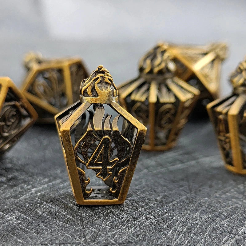Cleric's Golden Censer Hollow Metal DND Dice Polyhedral 7 Set
