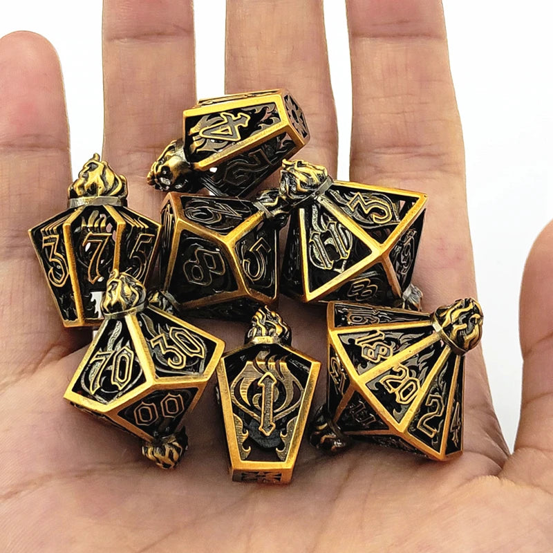 Cleric's Golden Censer Hollow Metal DND Dice Polyhedral 7 Set